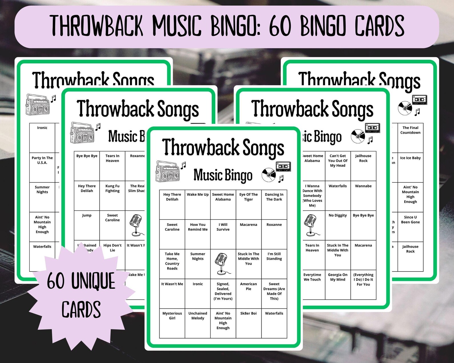 60 Throwback Songs Music Bingo Cards - Music Games - 70's 80's 90's ...