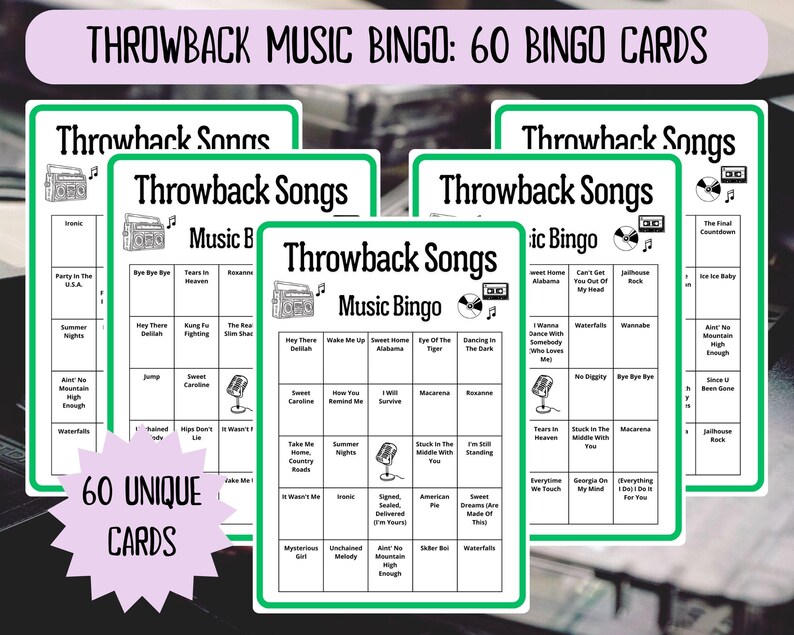 60 Throwback Songs Music Bingo Cards - Music Games - 70's 80's 90's Music - 2000's 2010's Music ...