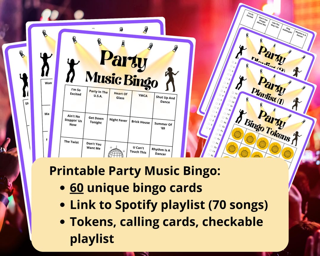 Party Music Bingo - 60 Cards - Printable Musical Party Bingo - 70's, 80 ...