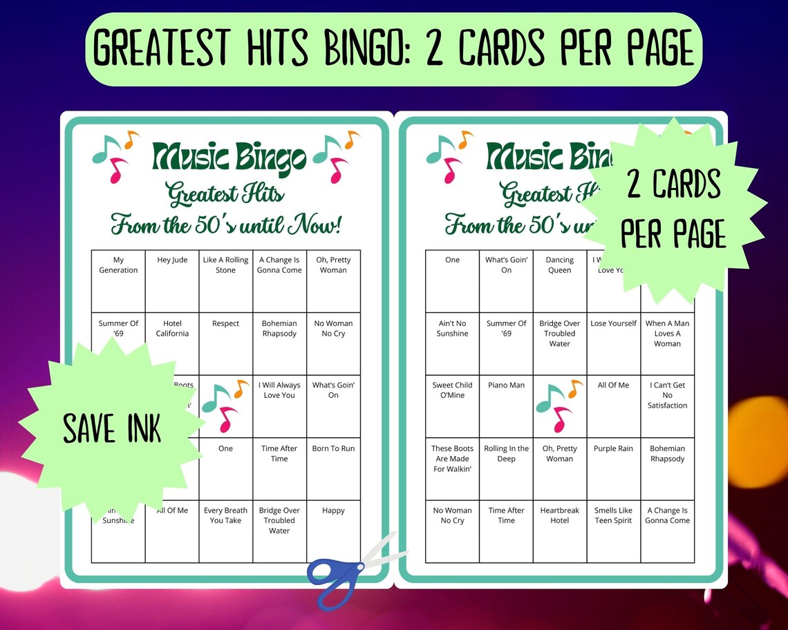 60 Greatest Hits Music Bingo Cards - Music Bingo - 50s 60s 70s 80s ...