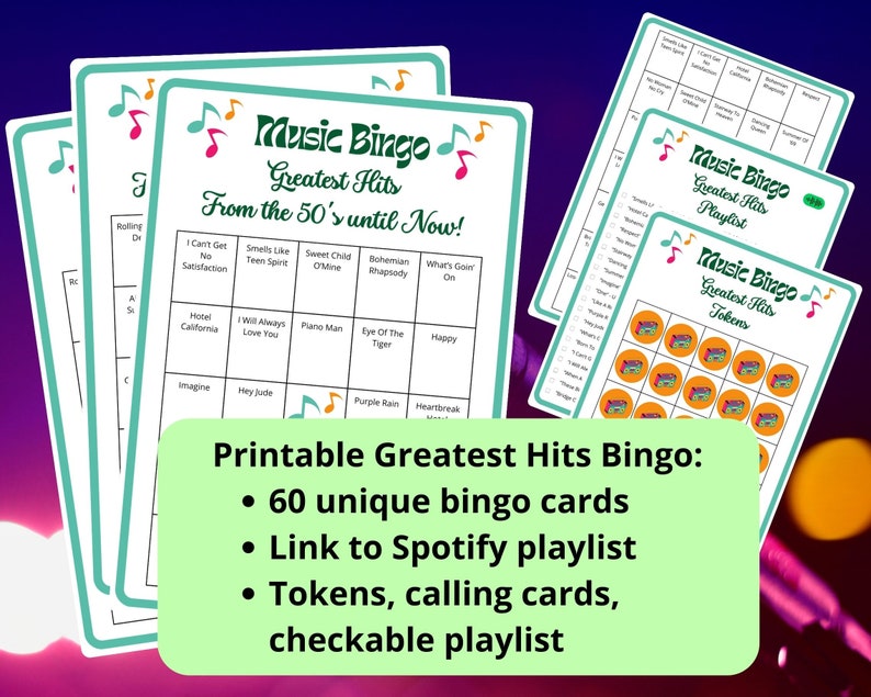 60 Greatest Hits Music Bingo Cards - Music Bingo - 50s 60s 70s 80s ...