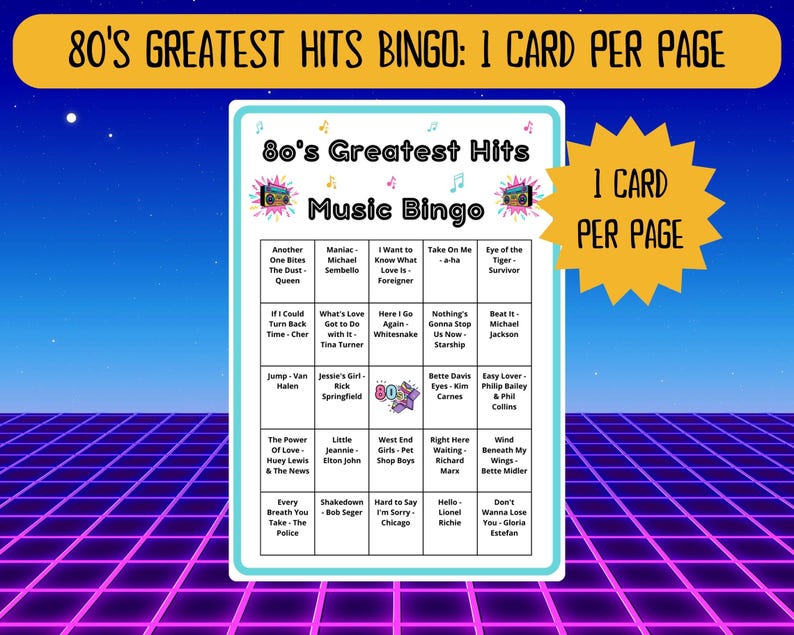 80's Music Bingo: 20 Unique Bingo Cards With Spotify Playlist, Tokens ...