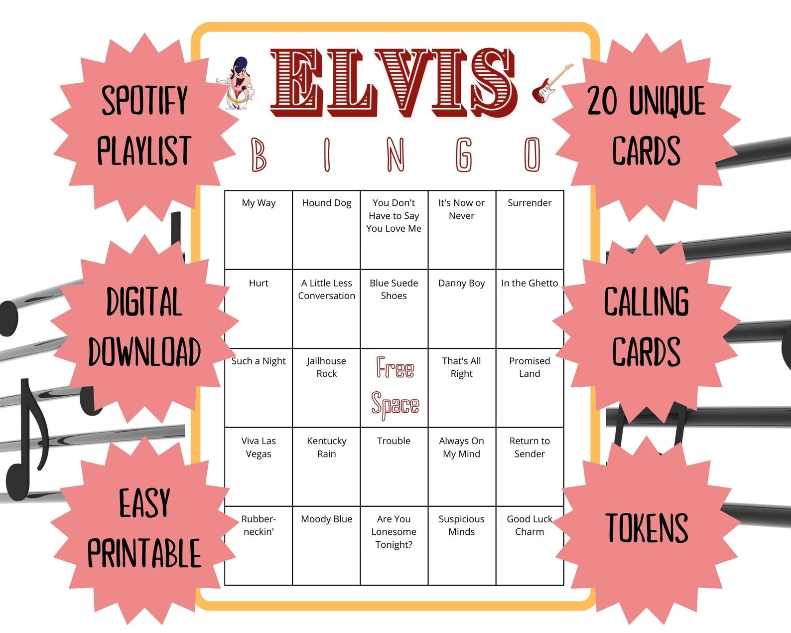 20 Elvis Bingo Cards Music Bingo Elvis Presley Team Building Games ...