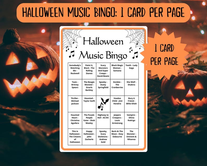 60 Halloween Music Bingo Cards Spooky Songs Game Halloween Bingo Friend ...