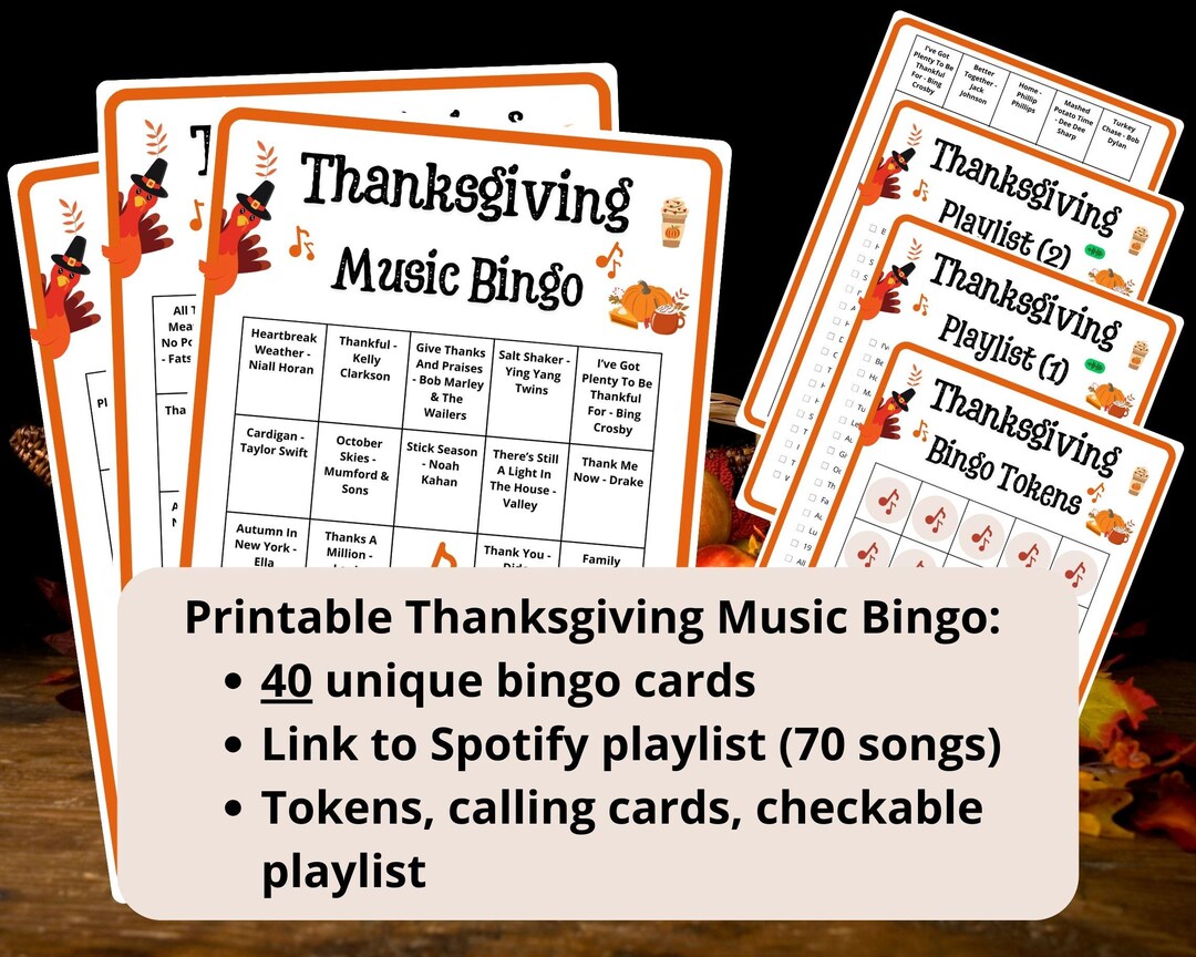 40 Thanksgiving Music Bingo Cards - Printable Thanksgiving Game ...