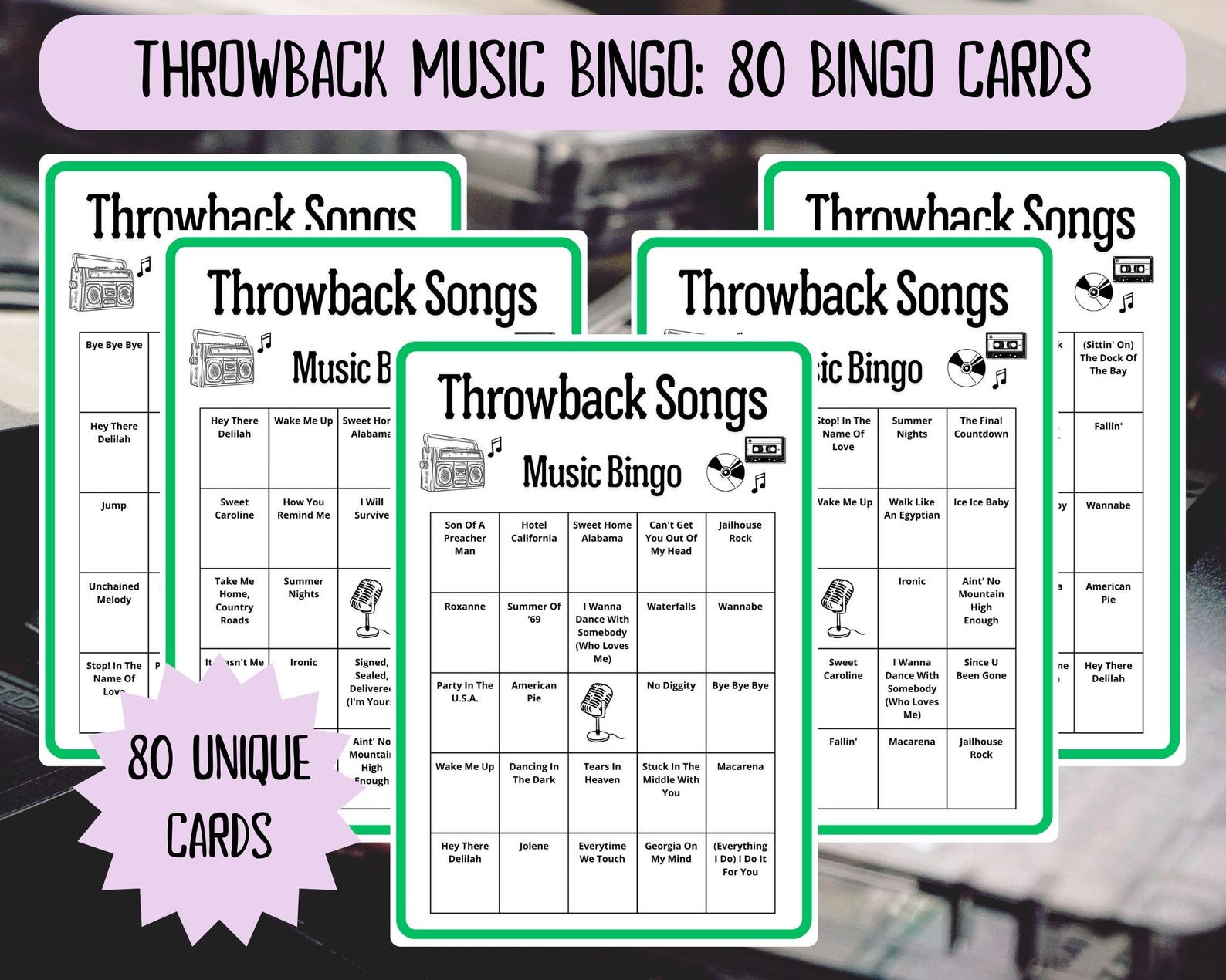 80 Throwback Songs Music Bingo Cards - Printable Sing-a-long Music ...