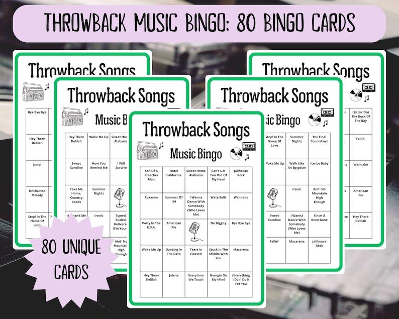 80 Throwback Songs Music Bingo Cards - Printable Sing-a-long Music ...