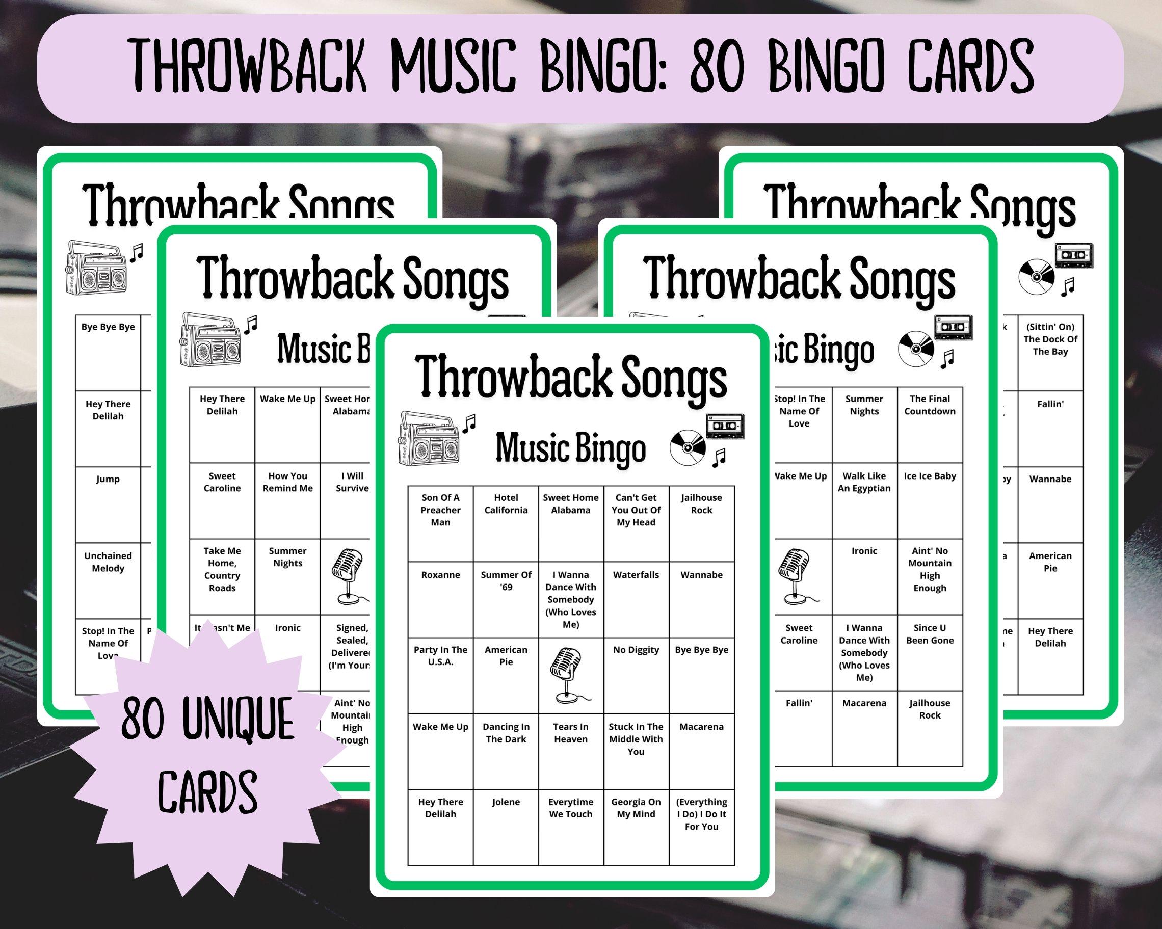 80 Throwback Songs Music Bingo Cards - Printable Sing-a-long Music ...