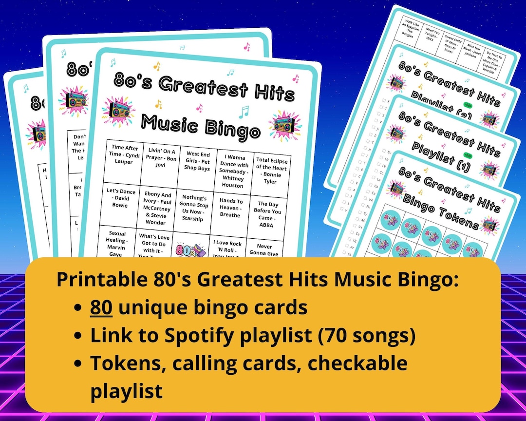 80s Music Bingo 80 Unique Bingo Cards 80s Music Music Games Spotify ...