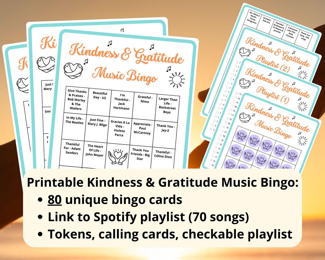 Kindness Music Bingo - 80 Bingo Cards - Kindness Bingo - Gratitude ...