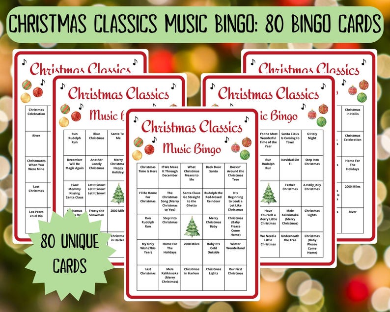 80 Christmas Classics Music Bingo Cards - Christmas Songs Bingo ...