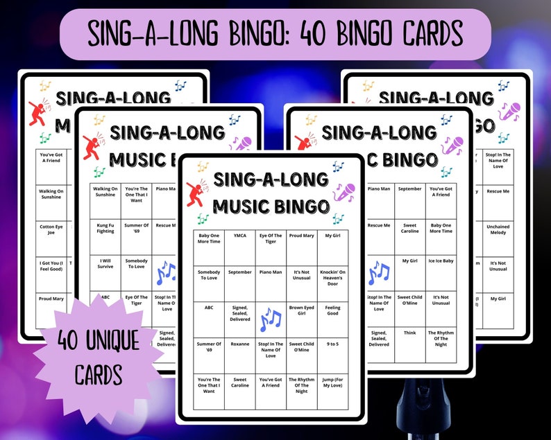 40 Sing-a-long Music Bingo Cards - Music Bingo - Printable Sing-a-long ...