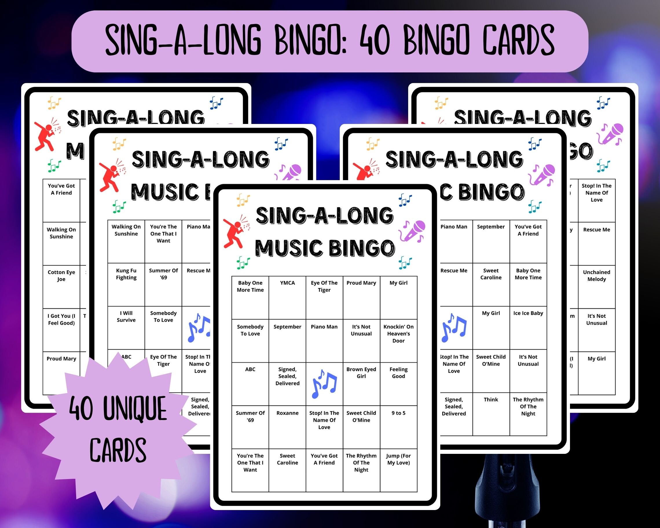 40 Sing-a-long Music Bingo Cards - Music Bingo - Printable Sing-a-long ...