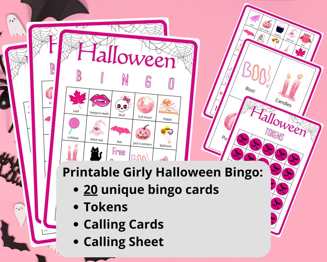 Girly Halloween Bingo 20 Unique Cards Teen Halloween Games Halloween ...