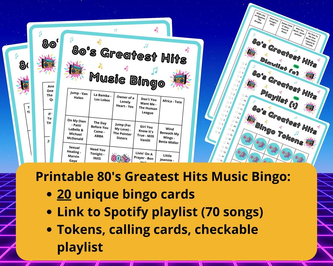 80's Greatest Hits Music Bingo Cards - 20 Unique Cards - Music Bingo ...