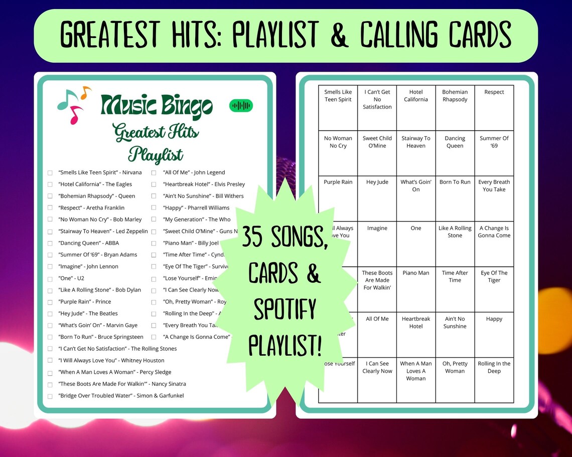 60 Greatest Hits Music Bingo Cards - Music Bingo - 50s 60s 70s 80s ...