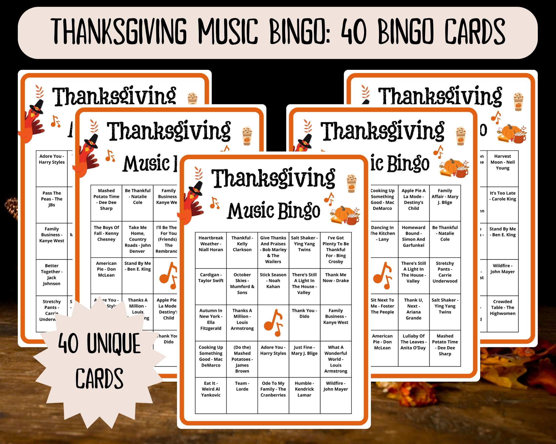 40 Thanksgiving Music Bingo Cards - Printable Thanksgiving Game ...
