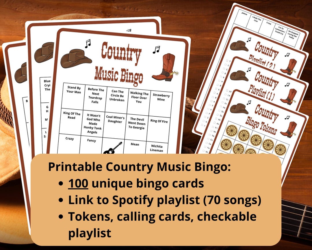 Country Music Bingo - 100 Bingo Cards - Musical Bingo - Western Bingo ...
