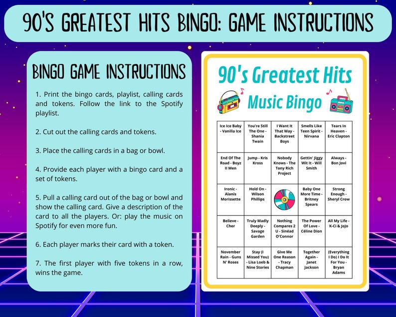 90's Music Bingo Cards - 40 Bingo Cards - Musical Bingo - 90s Music ...