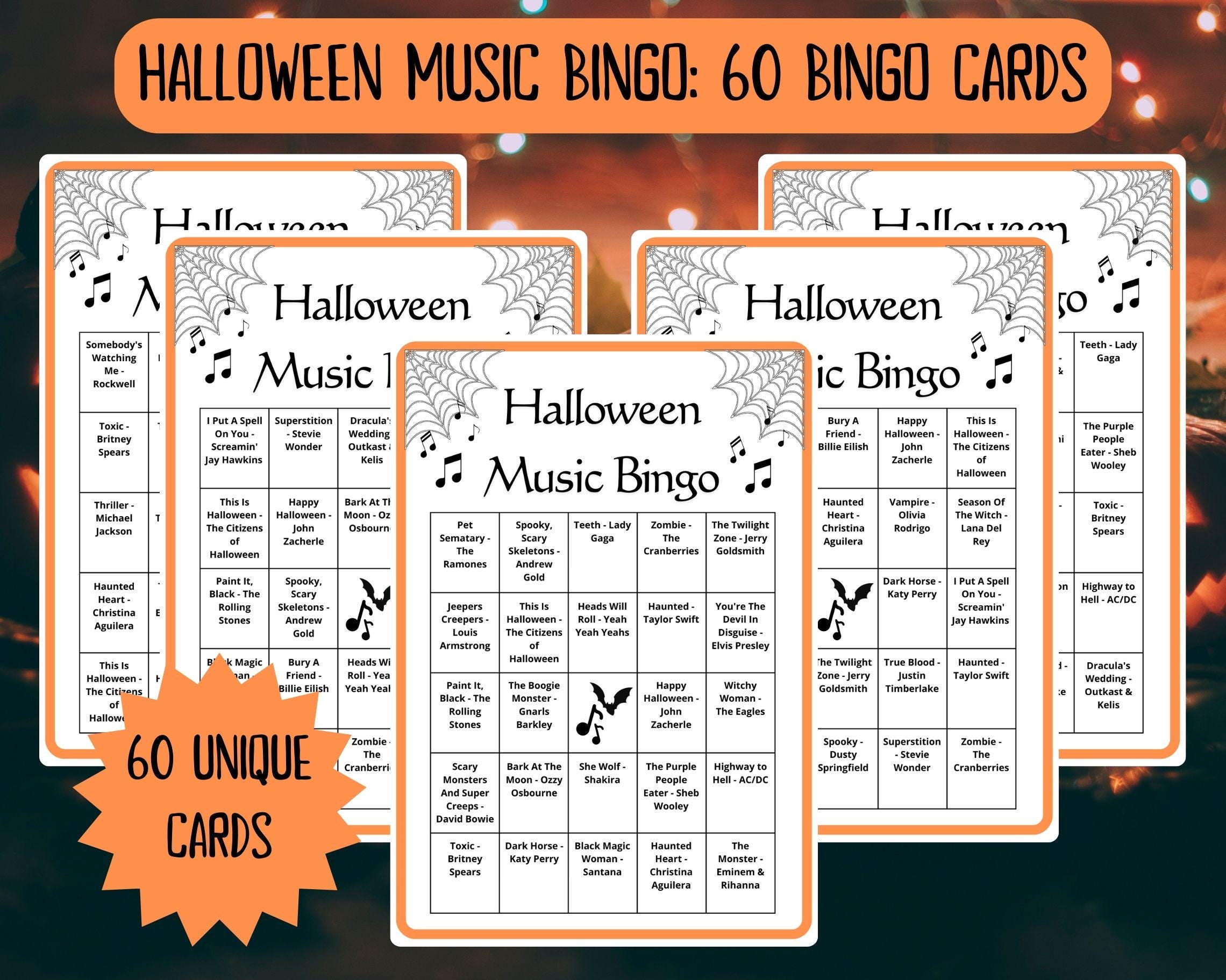 60 Halloween Music Bingo Cards Spooky Songs Game Halloween Bingo Friend ...