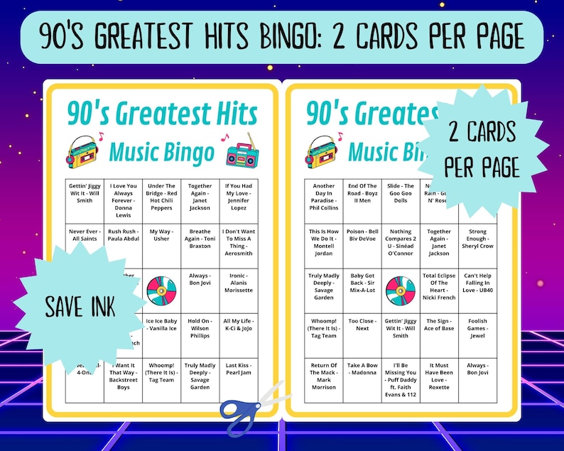 90's Music Bingo Cards - 40 Bingo Cards - Musical Bingo - 90s Music ...