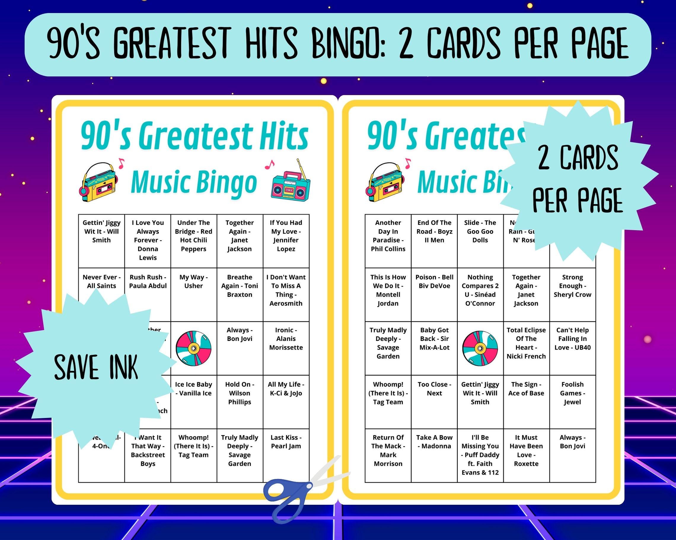 90's Music Bingo Cards - 40 Bingo Cards - Musical Bingo - 90s Music ...