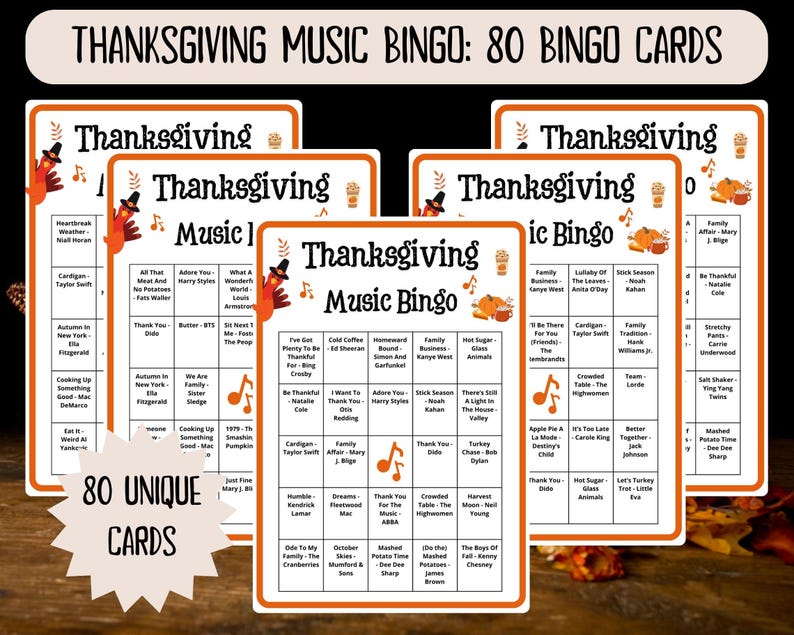 Thanksgiving Music Bingo - 80 Bingo Cards - Printable Thanksgiving Game ...