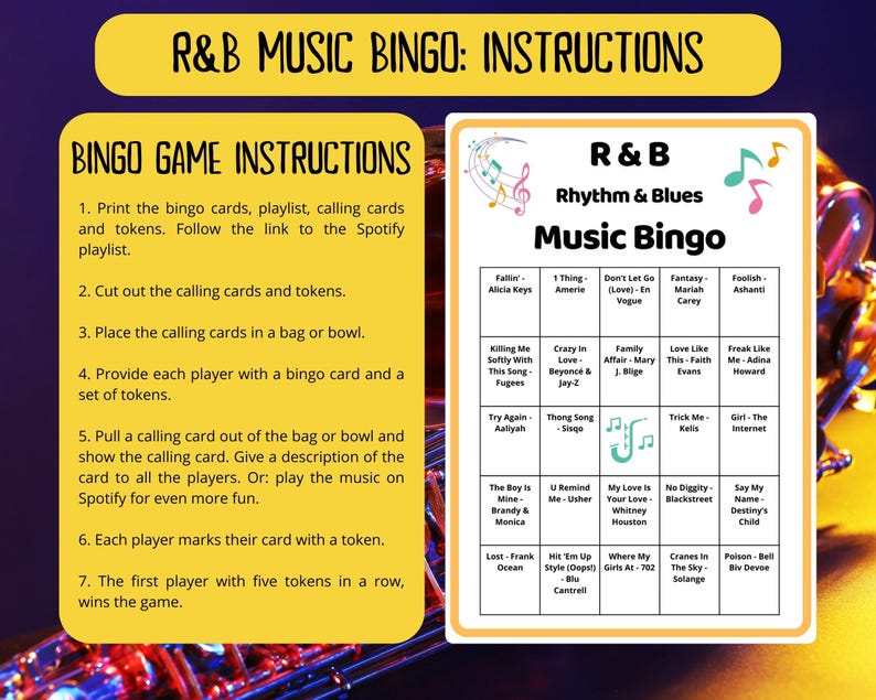 100 R&B Music Bingo Cards - Rhythm and Blues Bingo - Music Game - Team Bonding Games - Fun ...