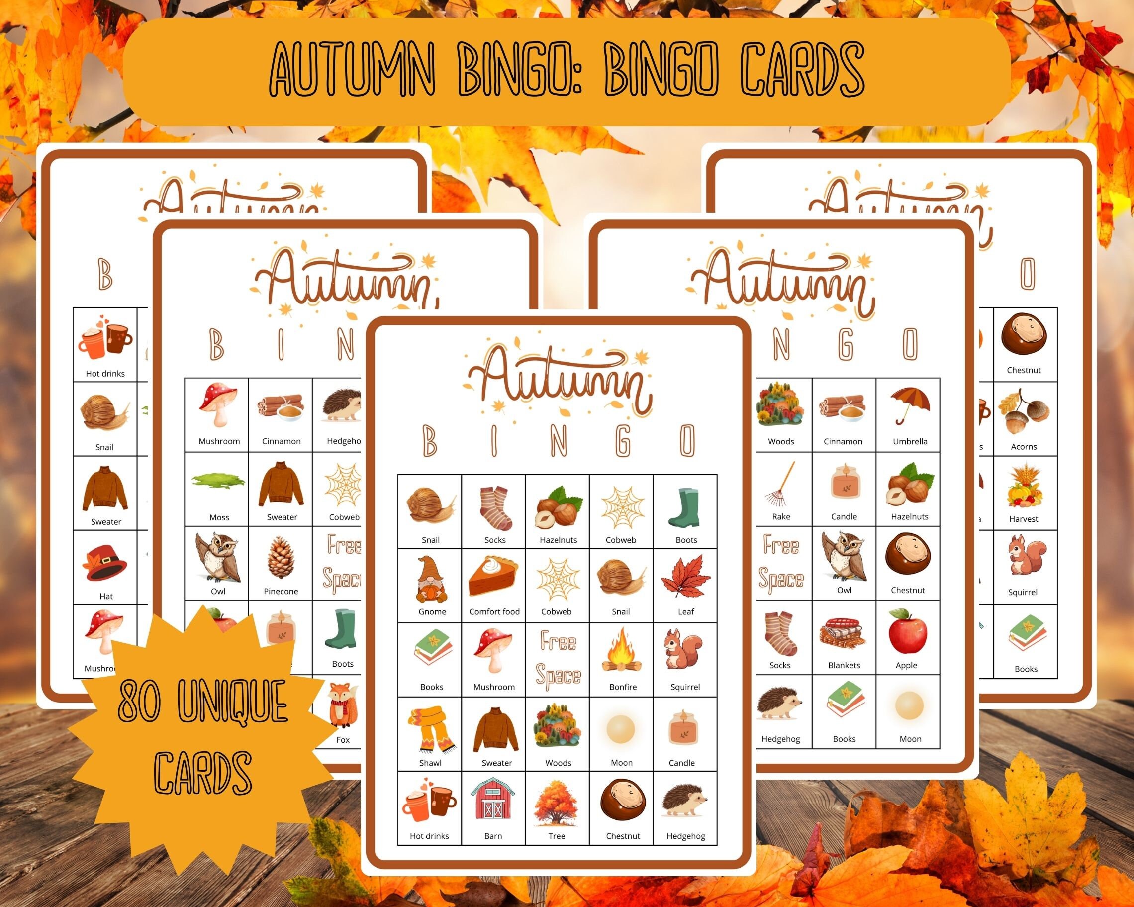 80 Autumn Bingo Cards - Fall Bingo - Printable Game - Kids Fall ...
