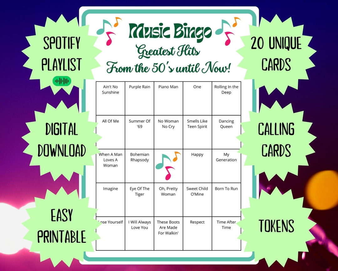 20 Greatest Hits Music Bingo Cards Music Bingo 50's 60's 70's 80's 90's ...