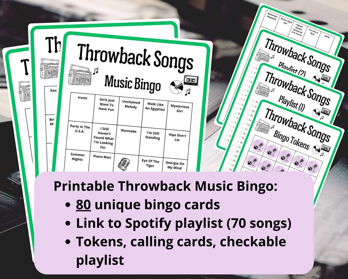 80 Throwback Songs Music Bingo Cards - Printable Sing-a-long Music ...