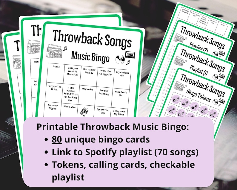 80 Throwback Songs Music Bingo Cards - Printable Sing-a-long Music ...