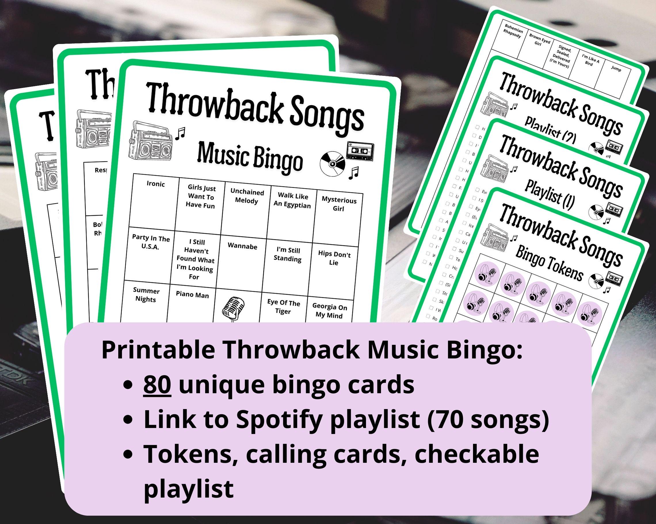 80 Throwback Songs Music Bingo Cards - Printable Sing-a-long Music ...