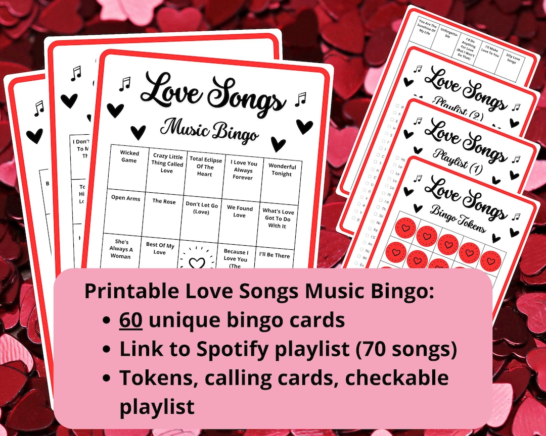 Love Songs Music Bingo - 60 Bingo Cards - Love Song Bingo - Musical ...