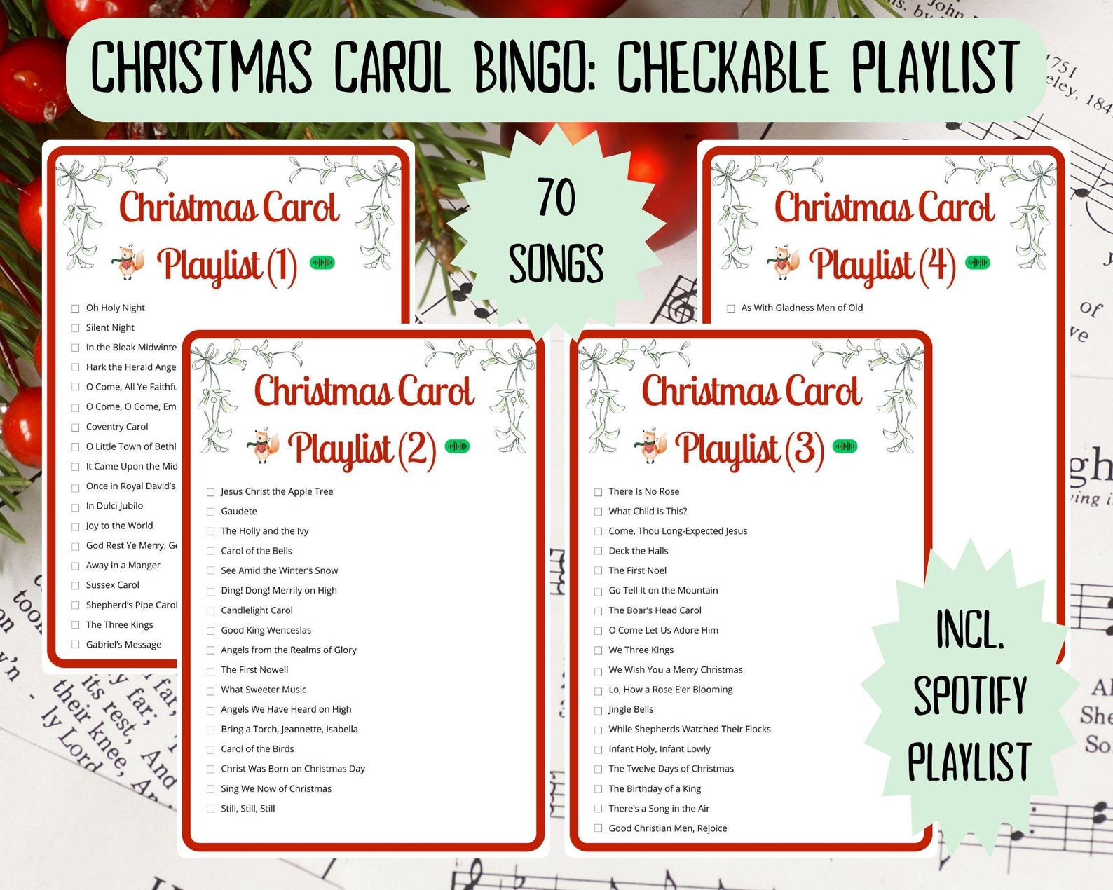20 Christmas Carol Music Bingo Cards - Christmas Bingo - Family Reunion ...