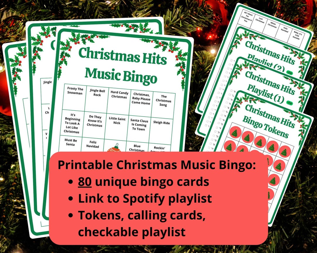 80 Christmas Hits Music Bingo Cards - Christmas Song Bingo - Christmas ...
