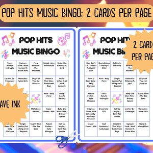 40 Pop Hits Music Bingo Cards - Music Bingo - 70's 80's Music 90's 00's ...