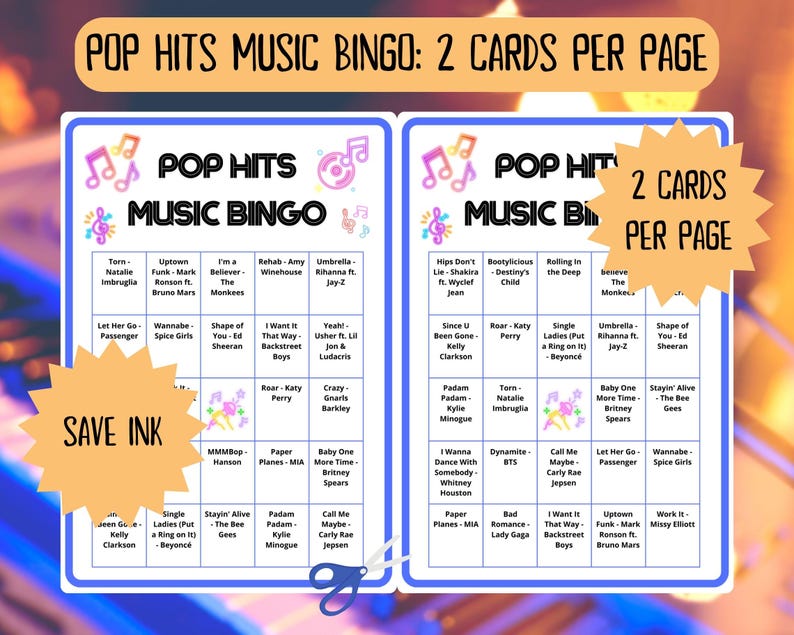 40 Pop Hits Music Bingo Cards - Music Bingo - 70's 80's Music 90's 00's ...