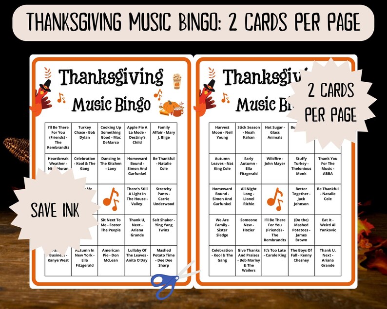 Thanksgiving Music Bingo - 80 Bingo Cards - Printable Thanksgiving Game ...