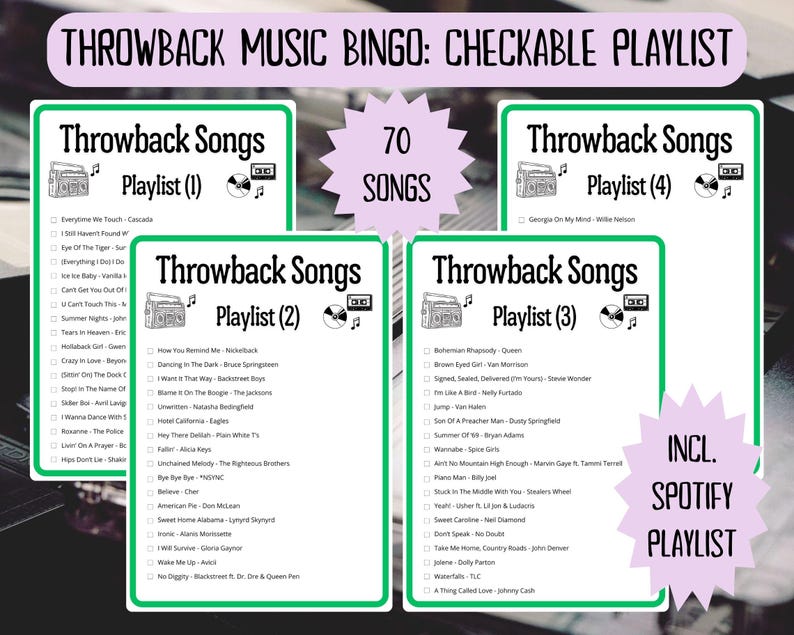 40 Throwback Songs Music Bingo Cards Music Bingo 70's Music 80's 90's, 00's and 2010's Team ...