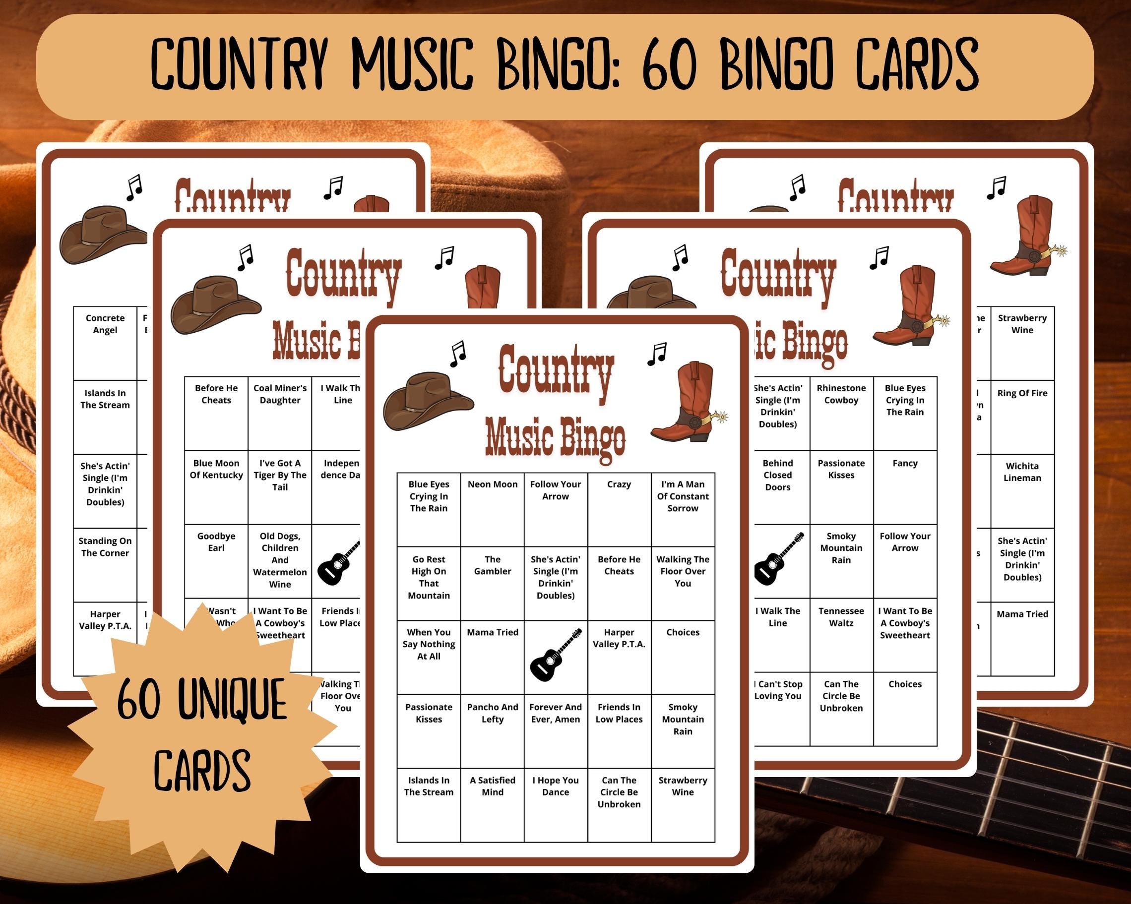 Country Music Bingo - 60 Bingo Cards - Western Bingo - Musical Bingo ...