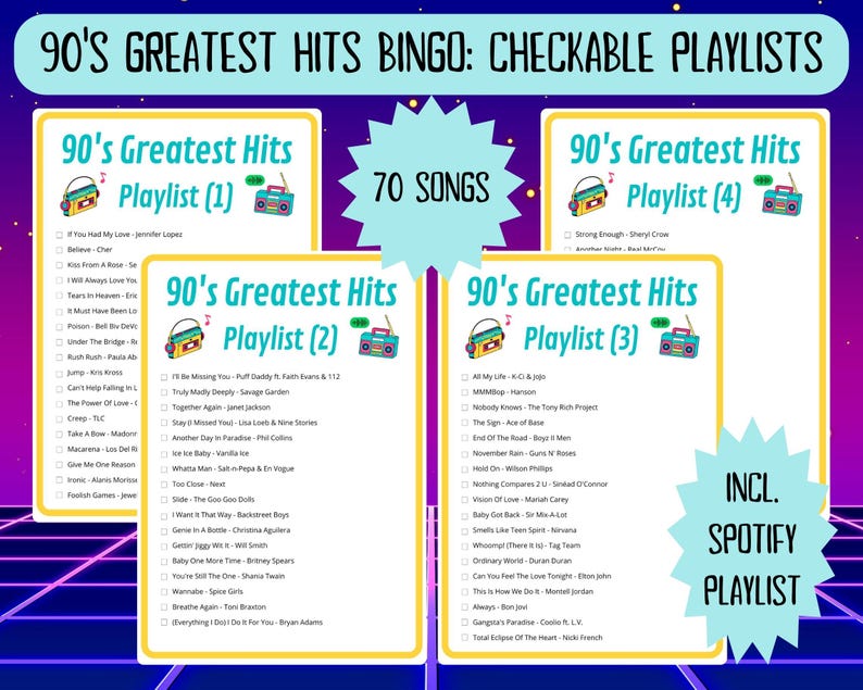 90's Music Bingo Cards - 40 Bingo Cards - Musical Bingo - 90s Music ...