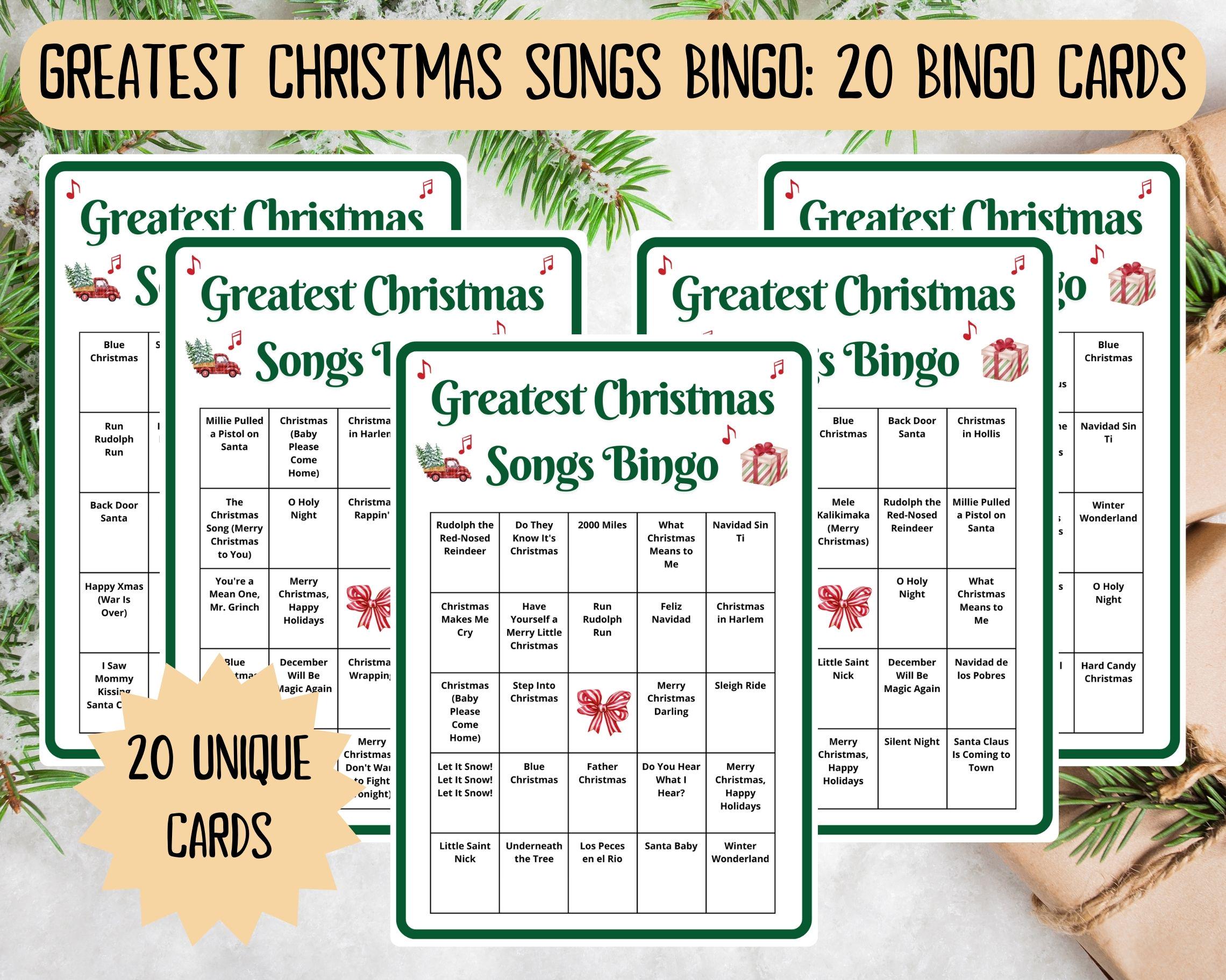 20 Greatest Christmas Songs Bingo Cards - Christmas Bingo - Family ...