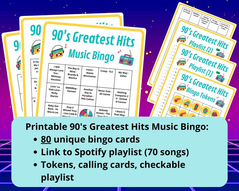 90s Greatest Hits Music Bingo 80 Cards Music Bingo Printable Music ...