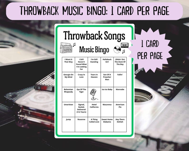 Music Bingo - 100 Throwback Songs Bingo Cards - Music Games - Team ...