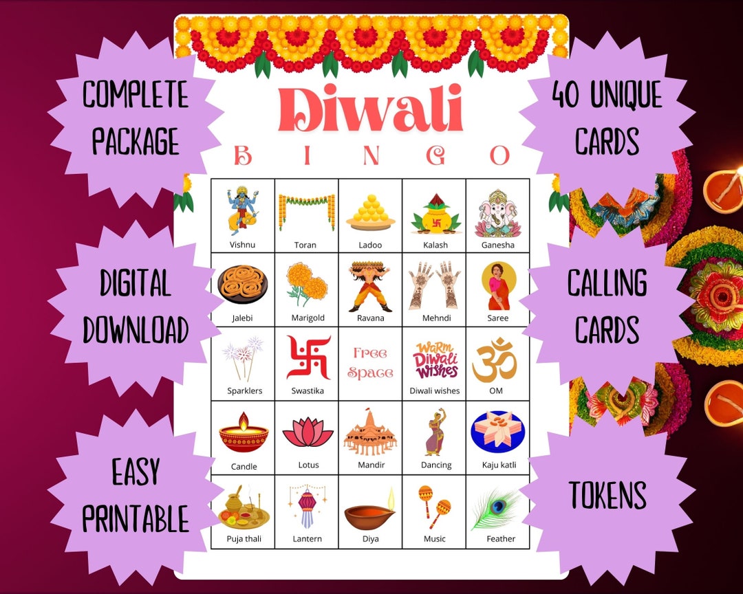 40 Diwali Bingo Cards Diwali Bingo Family Reunion Bingo Indian Games ...