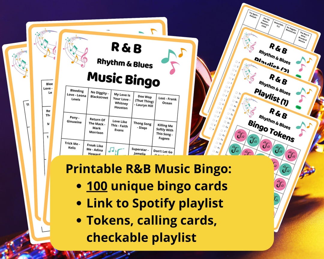 100 R&B Music Bingo Cards - Rhythm and Blues Bingo - Music Game - Team ...