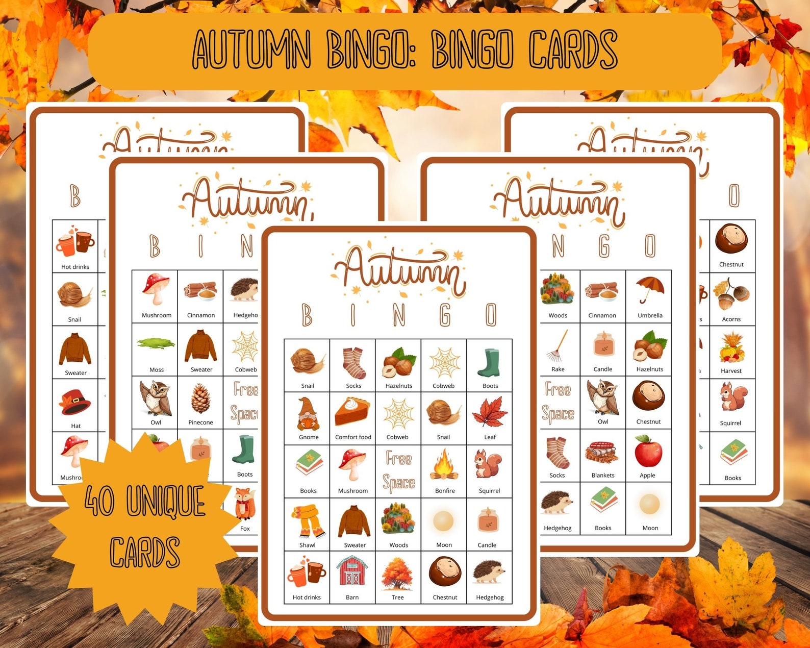 40 Autumn Fall Bingo Cards, Printable Game, Kids Fall Activities ...