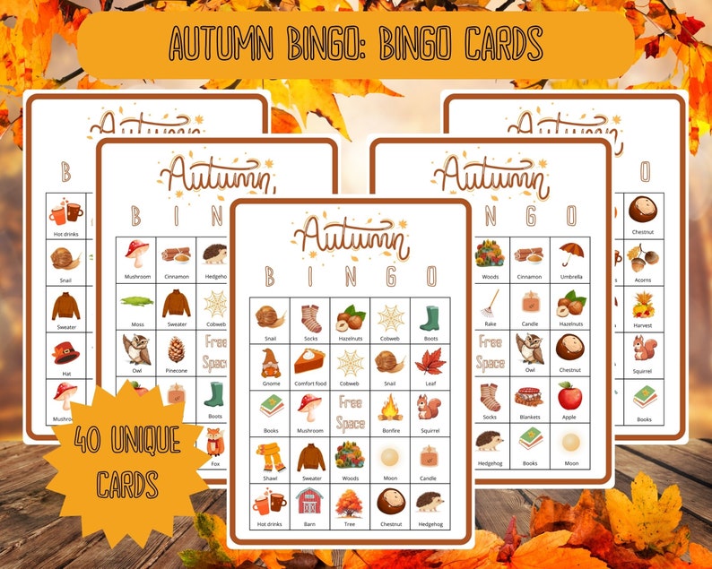 40 Autumn Fall Bingo Cards, Printable Game, Kids Fall Activities ...