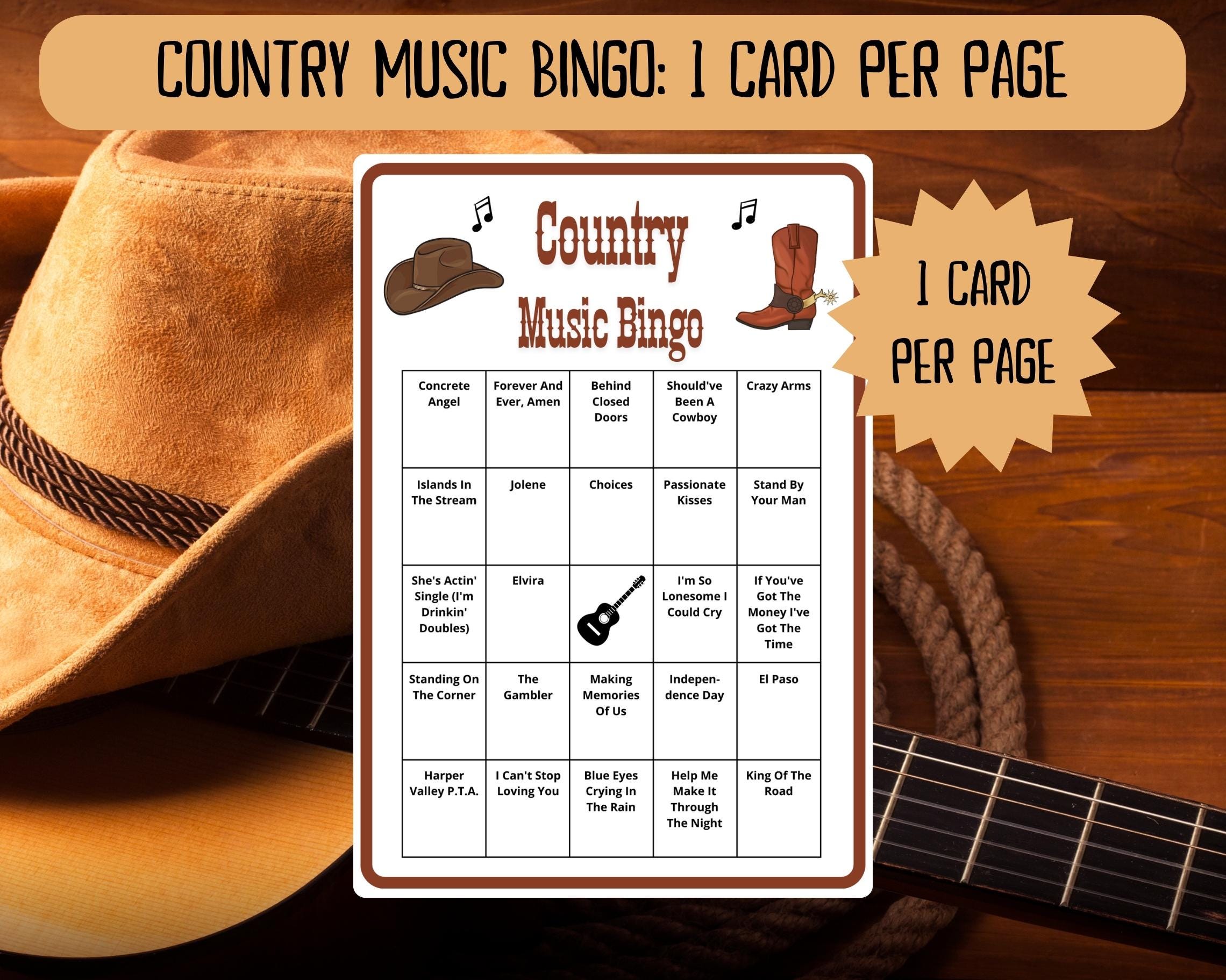 Country Music Bingo - 60 Bingo Cards - Western Bingo - Musical Bingo ...